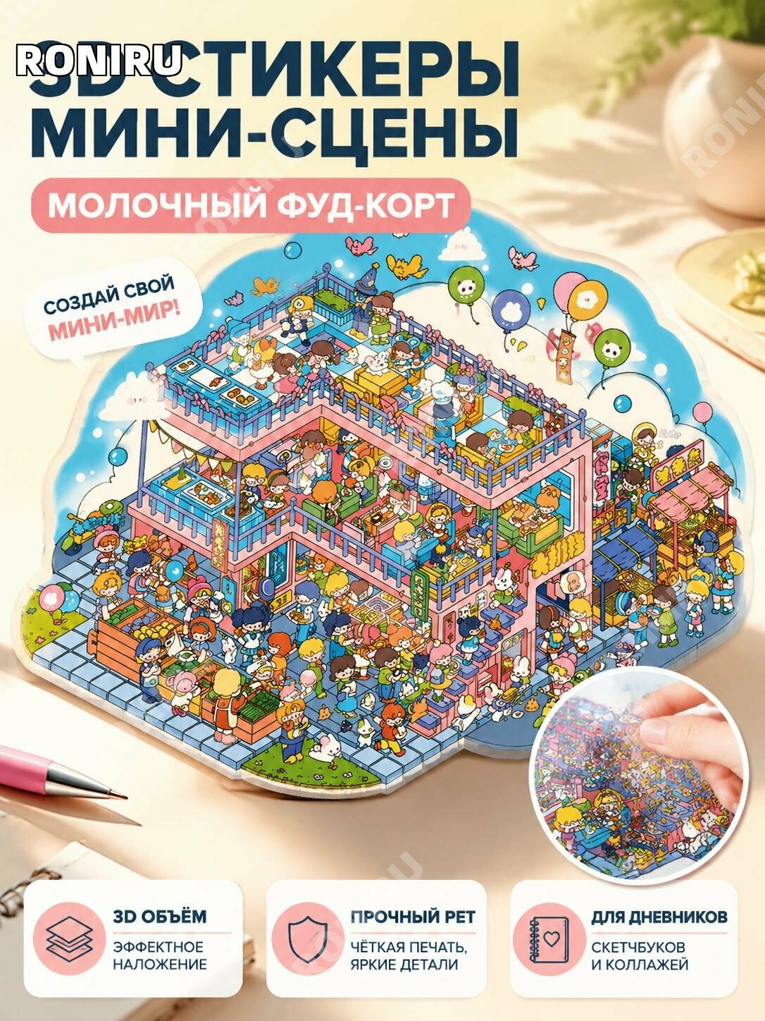 PET-стикеры для ежедневника, объемная сценка, восточный ретро-стиль, Молочная закусочная