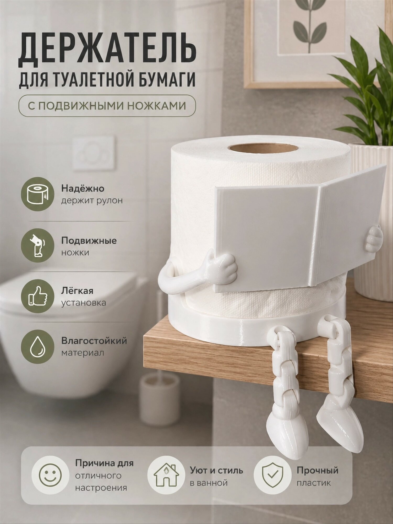 Держатель для туалетной бумаги, с подвижными ножками, пластик, белый
