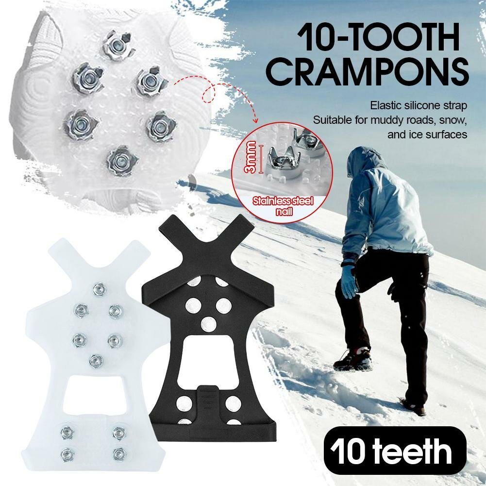 High-density, wear-resistant steel crampons with 10 teeth, strong grip design, easily handles ice, snow, slippery rocks, and steep mountain trails, improving outdoor hiking safety.