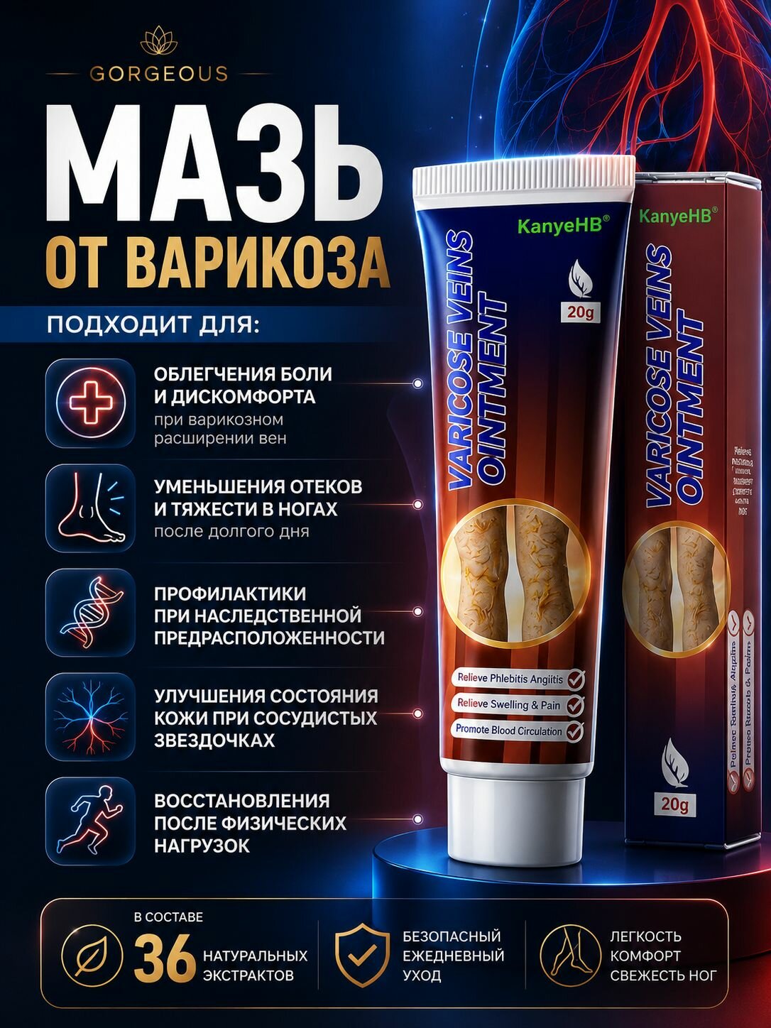 Мазь для ног при тяжести и усталости, натуральный комплекс экстрактов, уход за венами, 20 г