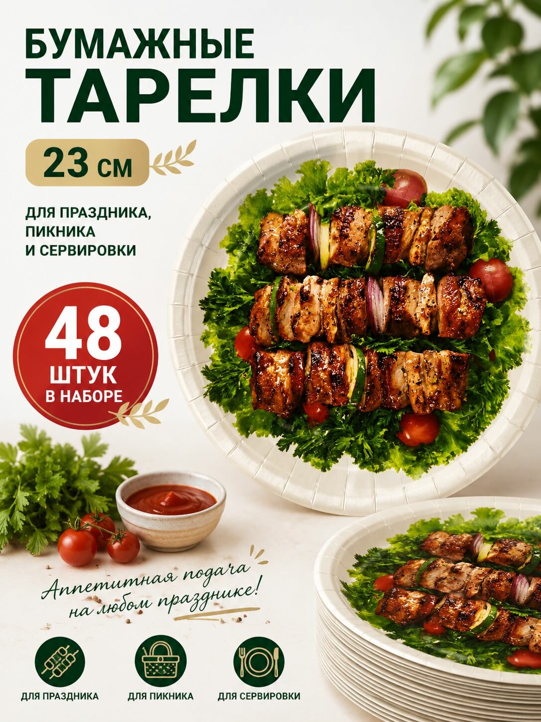 Одноразовые тарелки 23 см 48 шт, большая упаковка для мероприятий