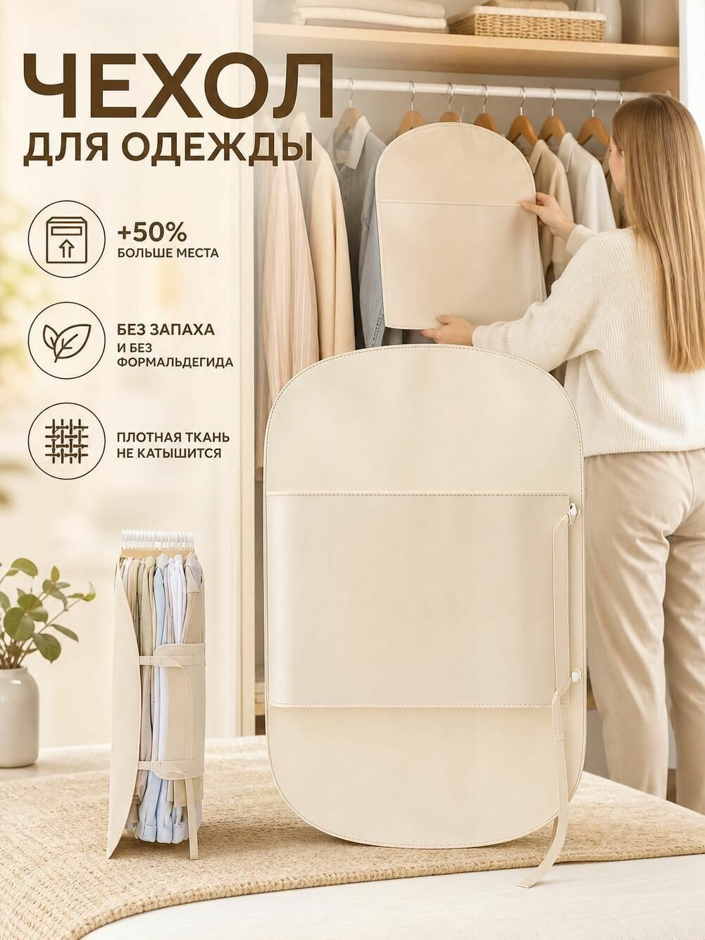Пылезащитный чехол для хранения одежды, используемый в качестве компрессионного чехла для хранения одежды