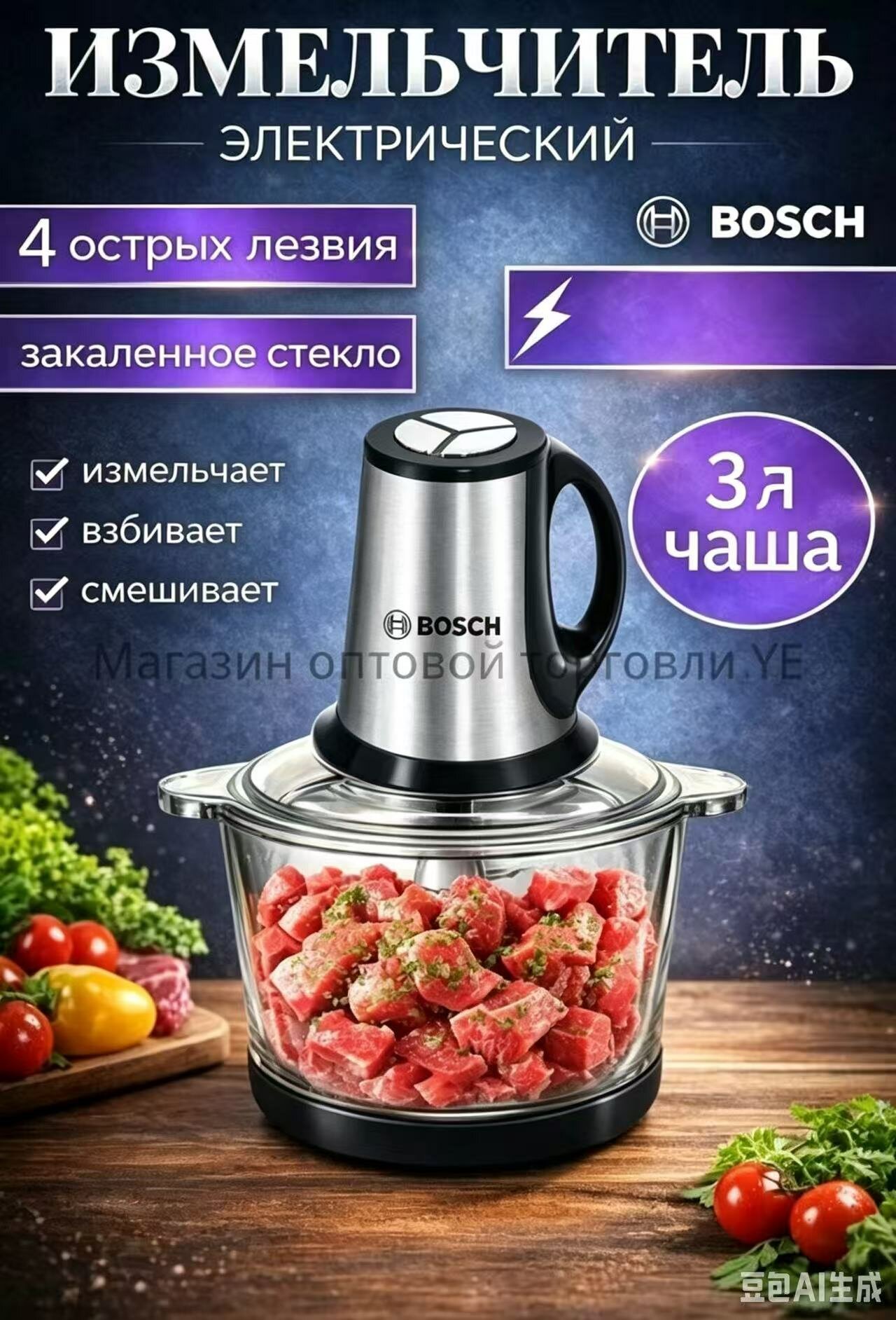 Измельчитель кухонный электрический с чашей чоппер 3 литра【мощный двигатель, долговечная чаша】