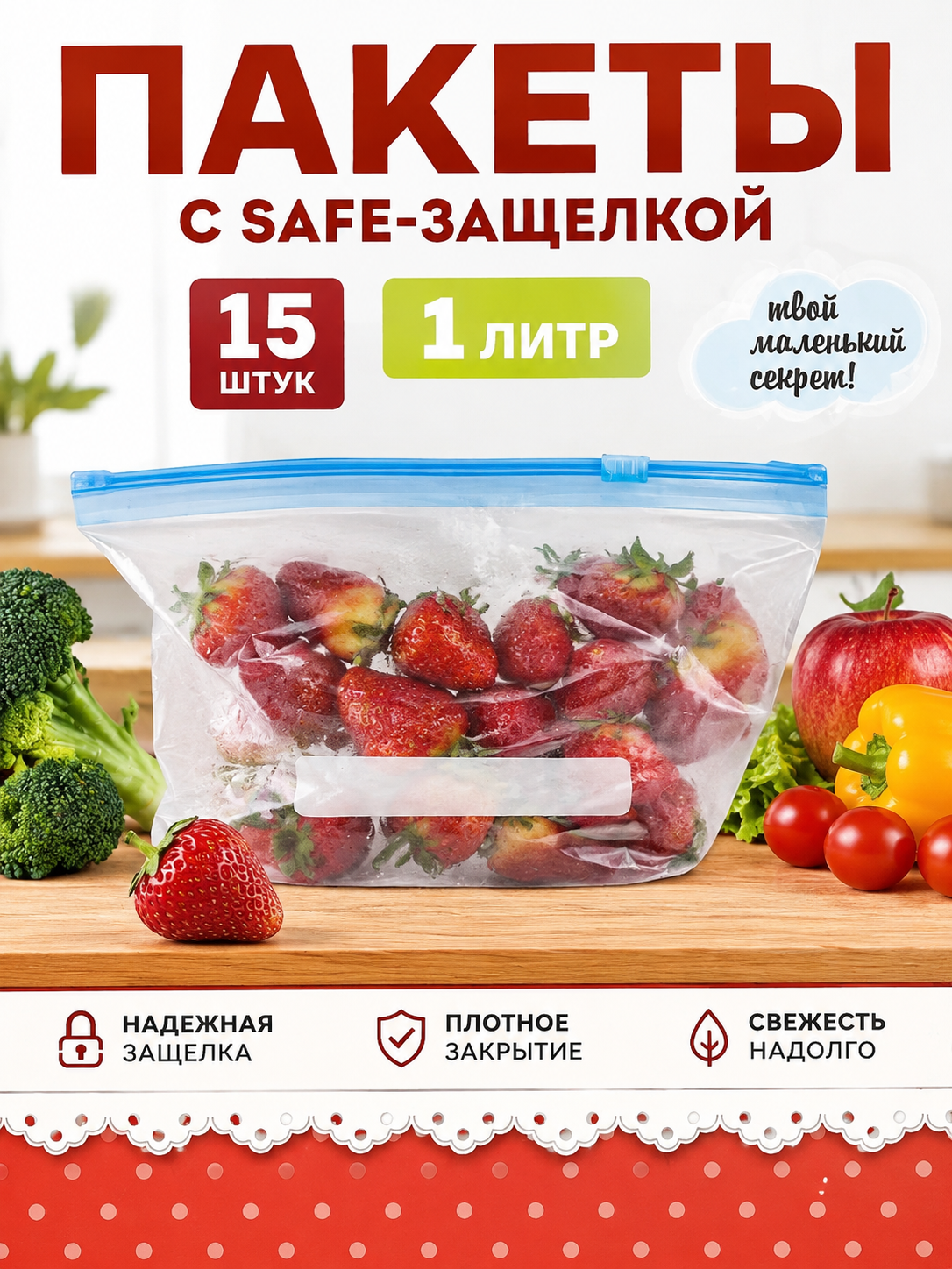 Пакеты для хранения продуктов с zip-застёжкой, 1 литр, 15 штук