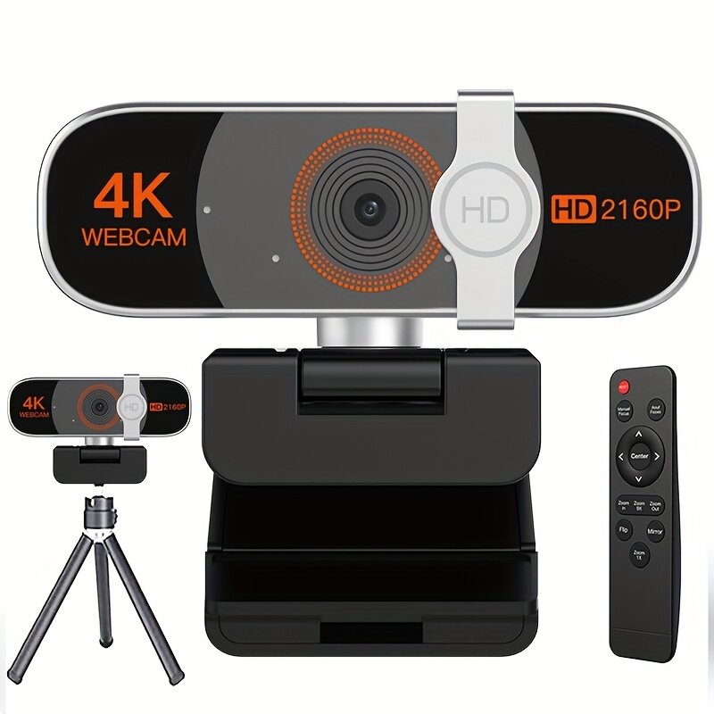 Веб-камера 4K для ПК и ноутбука с автозумом, балансом белого, встроенным микрофоном, пультом ДУ и защитной крышкой, питание от USB, серый