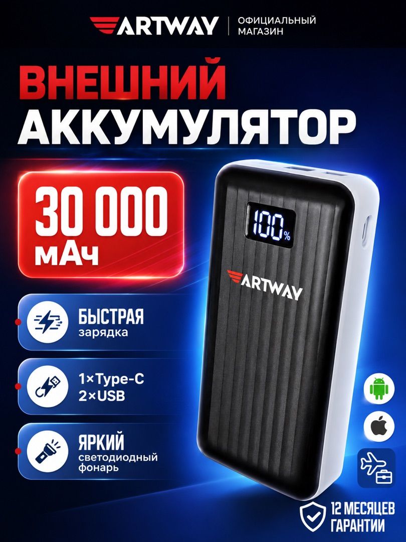 Внешний аккумулятор (повербанк) 30000mah, пауэрбанк / power bank 30000 мАч для телефона, ноутбука и гаджетов