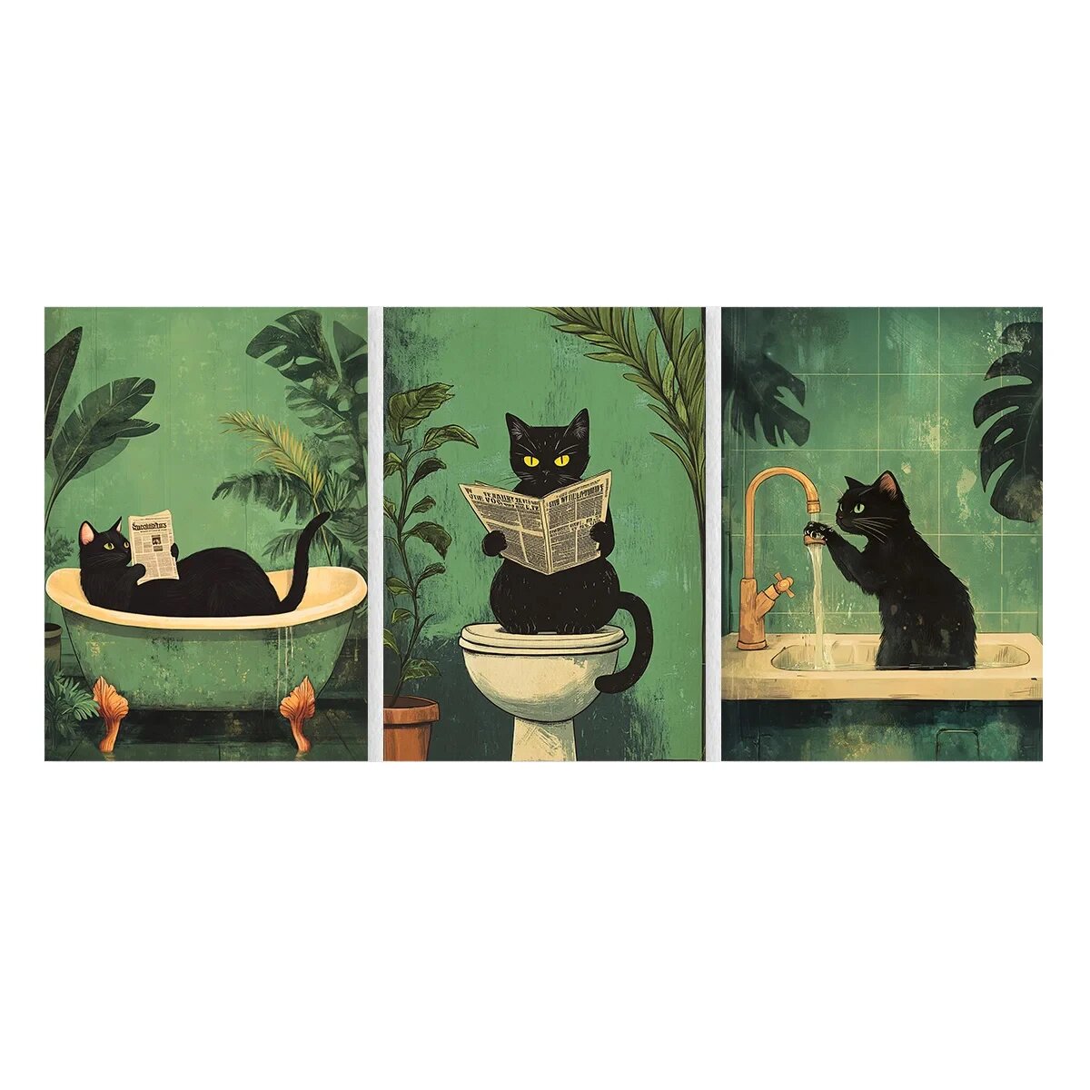 Абстрактный Принт с Черной Кошкой на Холсте Черный, WO-019-3pcs, 30x40cm No Frame