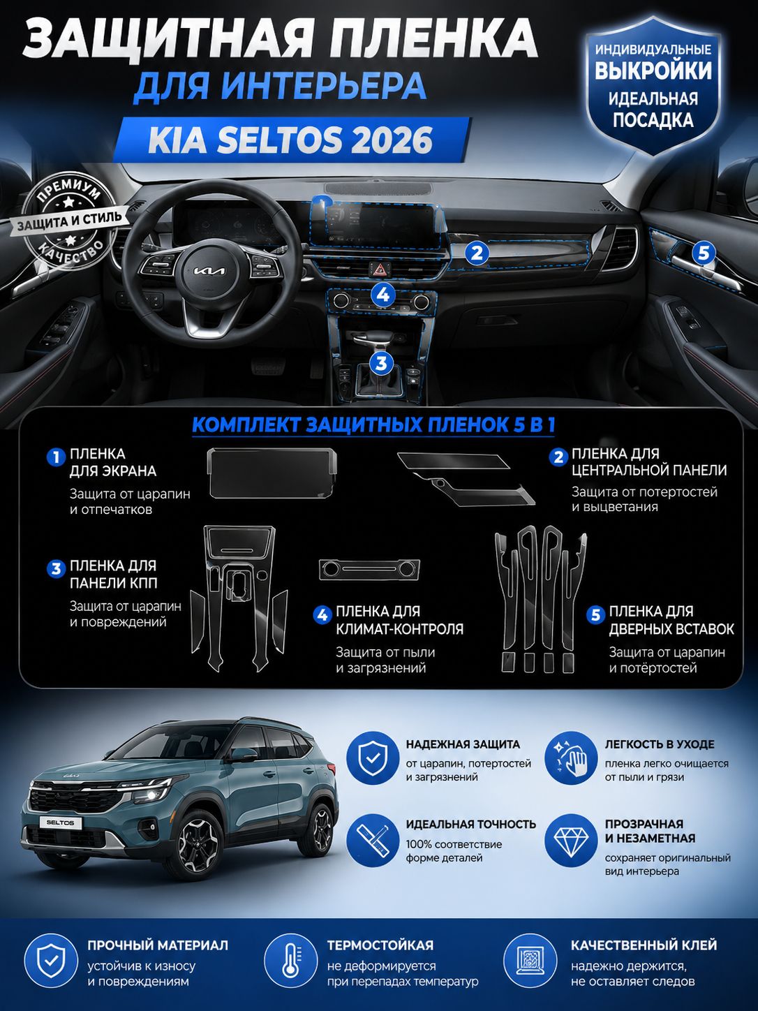 Защитная пленка для интерьера Kia Seltos 2026, Kia Seltos 2026 аксессуары, Kia Seltos 2026 для