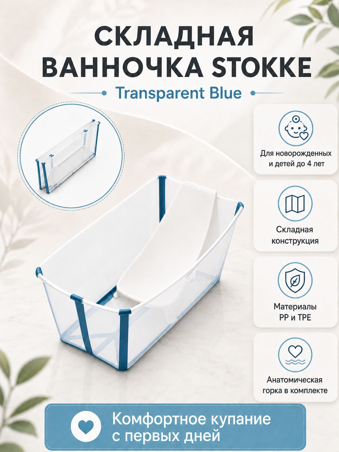 Ванночка для купания новорожденных Stokke Flexi Bath Bundle V2 с горкой, складная, Transparent Blue Прозрачный голубой , компактная, 0+, 531504