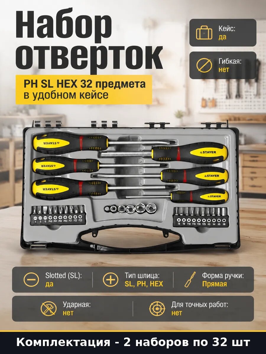Набор отверток биты головки 2х32 шт CrMo в кейсе 64 предмета