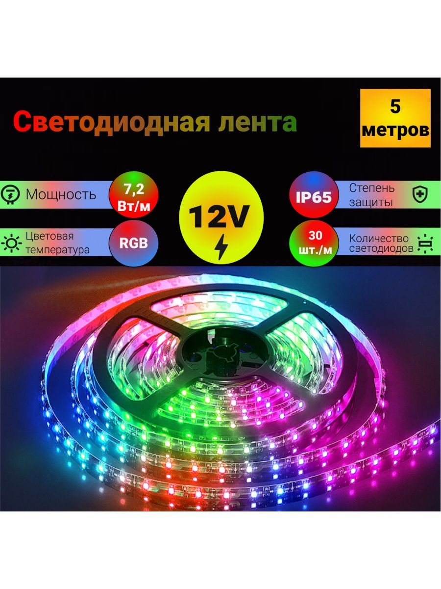 Светодиодная лента серия STANDART, 12V, IP65, 5 метров