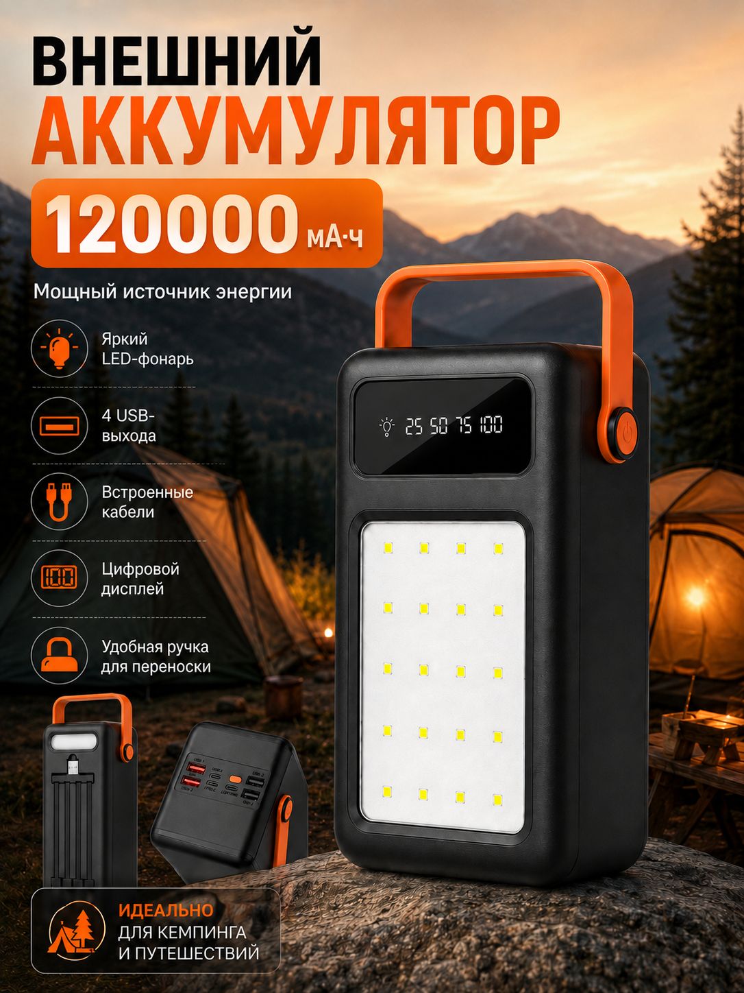 Внешний аккумулятор, 120000 мАч, 22.5 Вт, черный