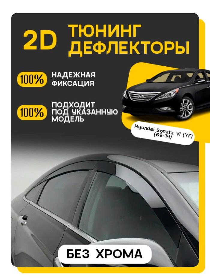 Дефлекторы плоские для HYUNDAI SONATA 6 YF (2009-2014) ветровики Хендай Соната 6, 2д дефлекторы, черные, комплект 6 шт.