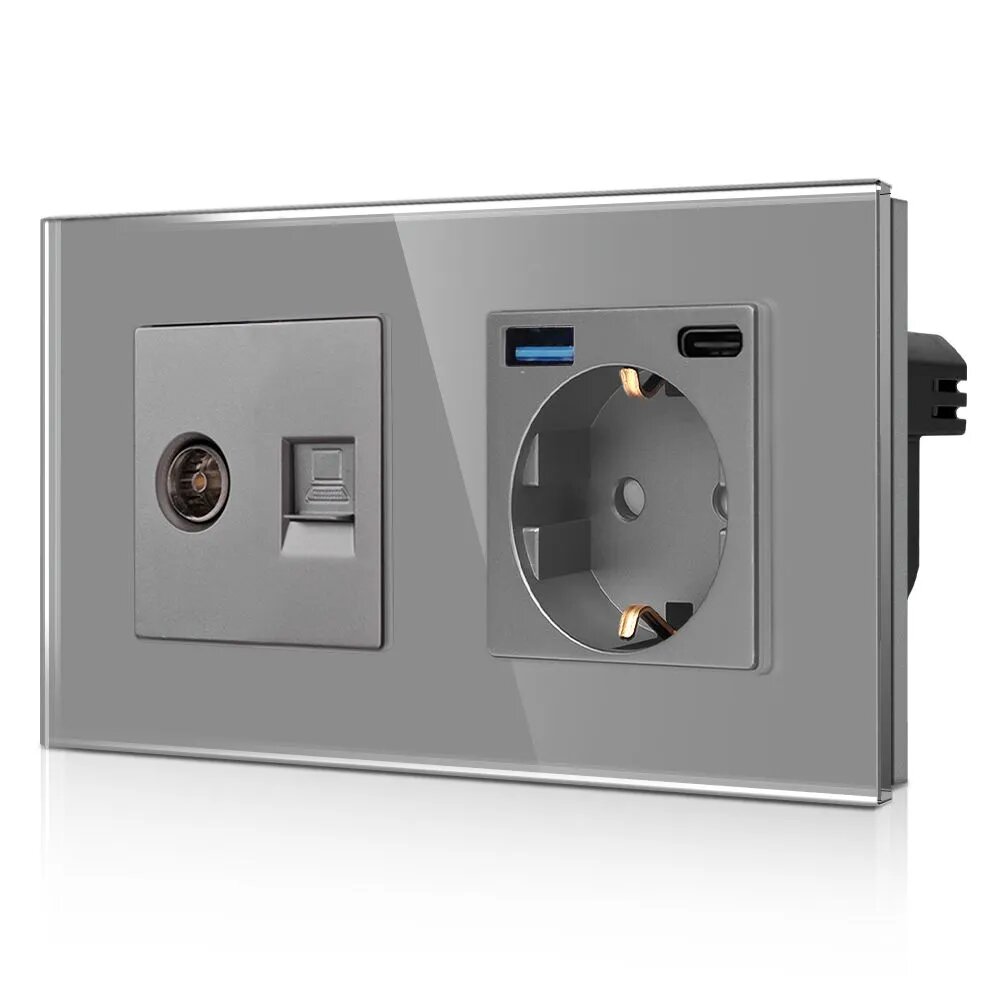 Pозетка на 2 столба с доступом в Интернет, CAT6, разъем USB A/TYPE-C, закаленное стекло, цвет Серый