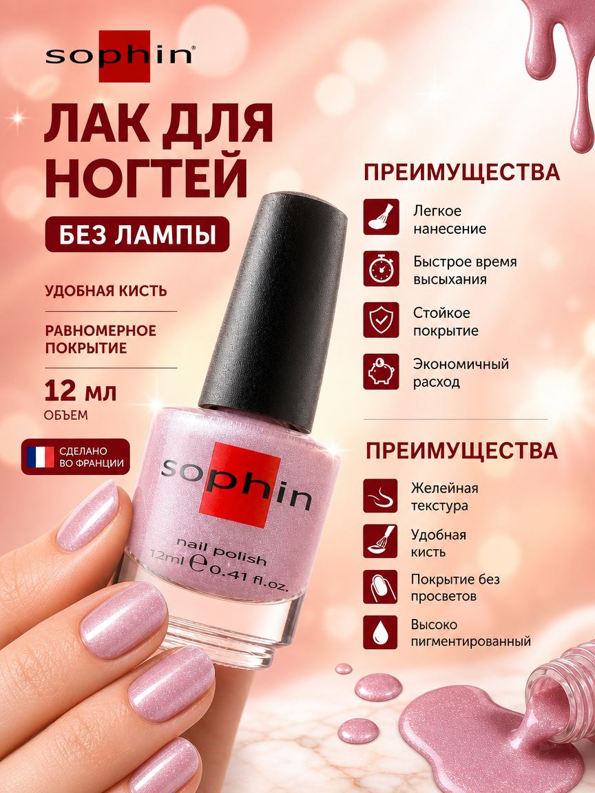Sophin Лак для ногтей укрепляющий без лампы тон 0207, 12 мл "Prisma"