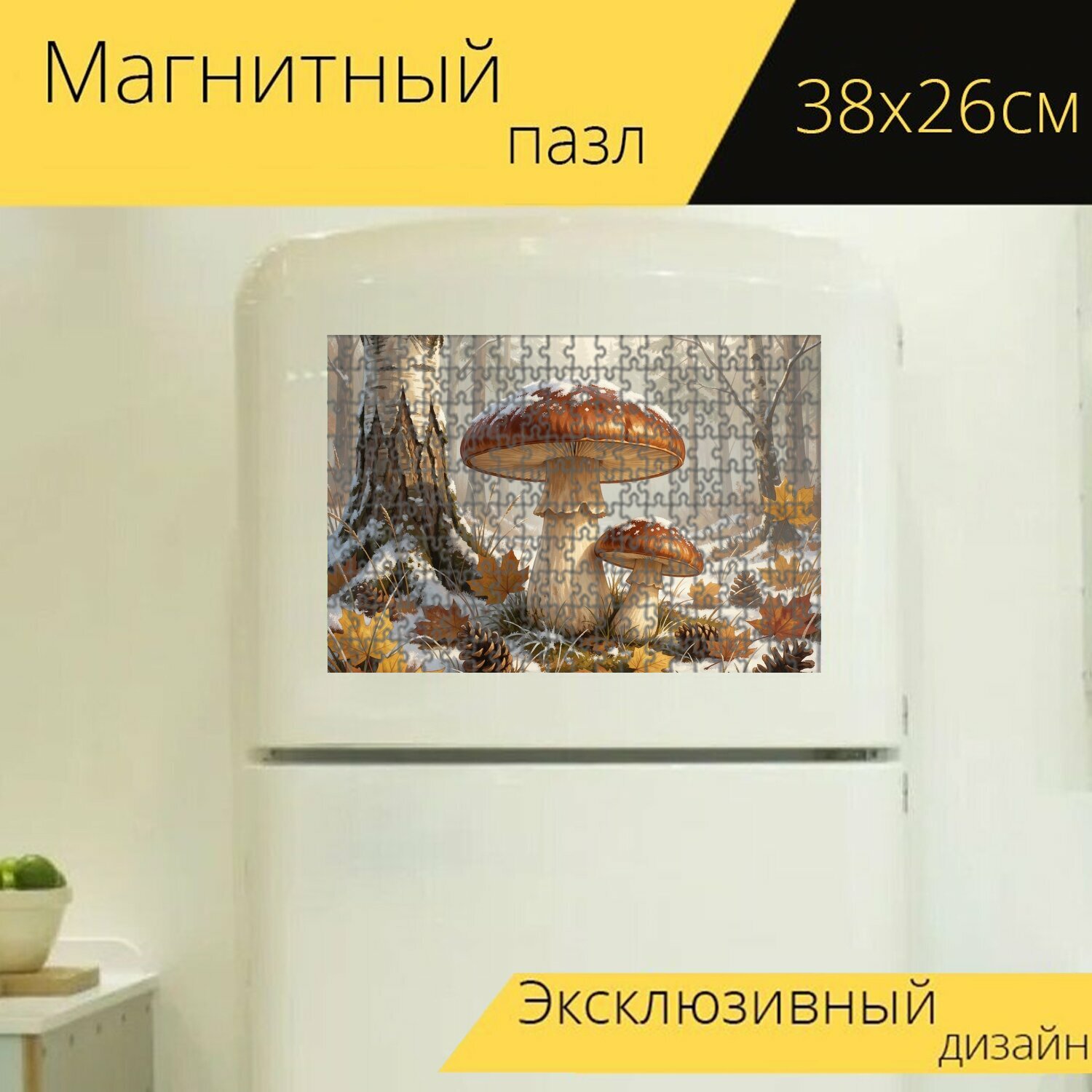 Магнитный пазл "Осенние грибы в лесу. Сказочная лесная сцена с крупными боровиками среди снежного покрова, берёз и кленовой листвы. Тёплые коричневые." для интерьера, 38х26 см.
