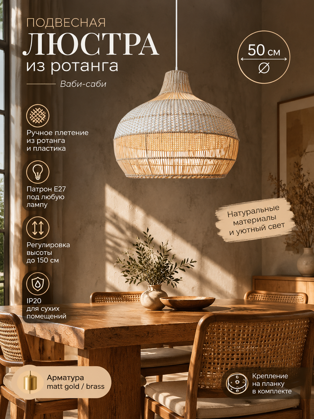 Люстра подвесная из ротанга ваби-саби для гостиной, E27, ручная работа, высота регулируется, 50 см