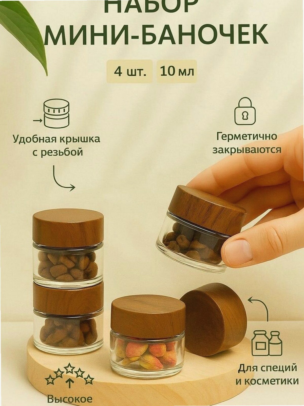 Баночки для хранения 10 мл, набор 4 шт, стеклянные-для специй, косметики, трав, соли, сыпучих продуктов