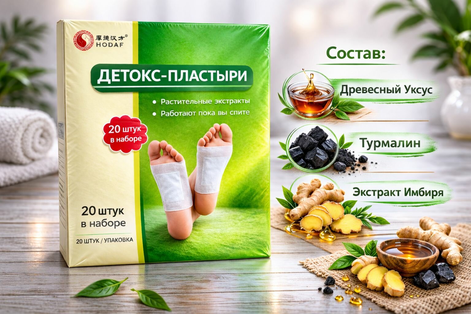 Патчи детокс для ног с древесным уксусом и турмалином 20 шт