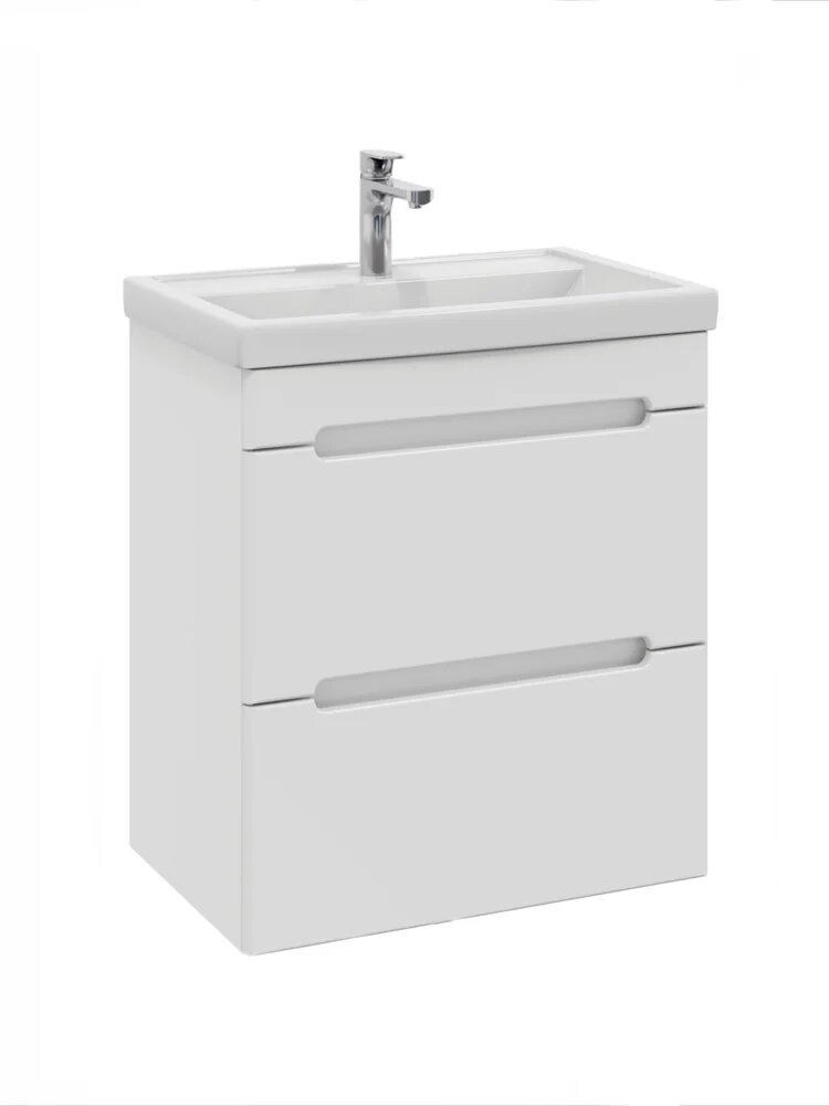 Тумба с раковиной SanStar Адель 60 подвесная, 61 см, белая, глянцевая, из МДФ, с ящиками, раковина для ванной фарфоровая, прямоугольная, встроенный слив-перелив