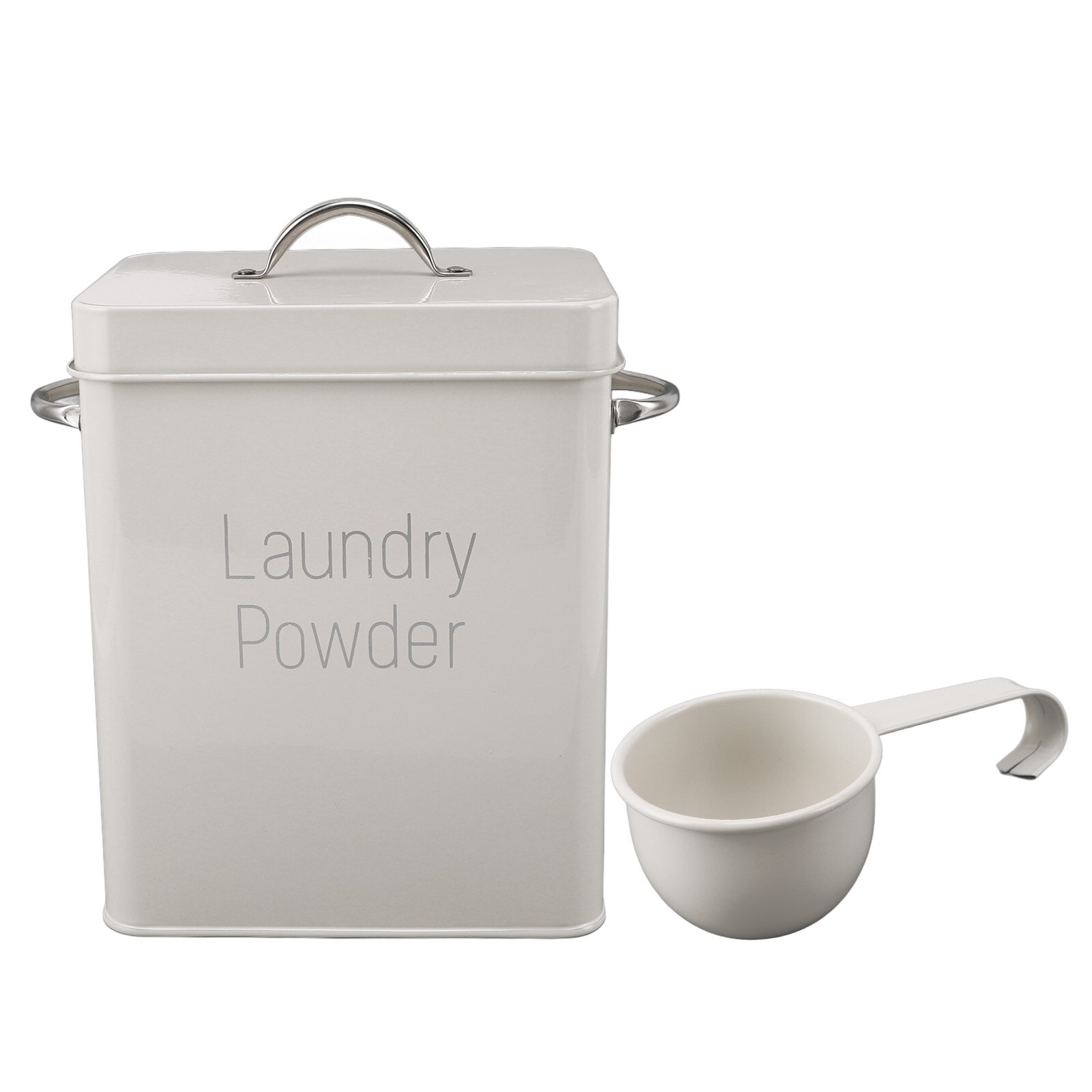 Металлический контейнер для прачечной с двумя боковыми ручками и крышкой-ложкой. Контейнер для стирального порошка в деревенском стиле, для риса, корма для собак, молока, белого цвета.