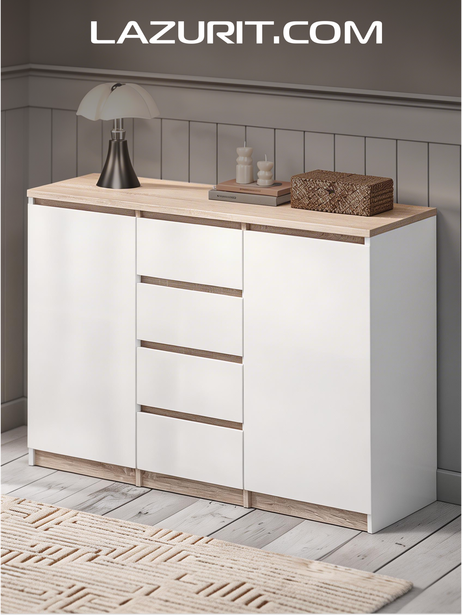 Комод для одежды белый-сонома большой Lazurit Sven с ящиками полками в прихожую спальню высокий под телевизор 121х50х92