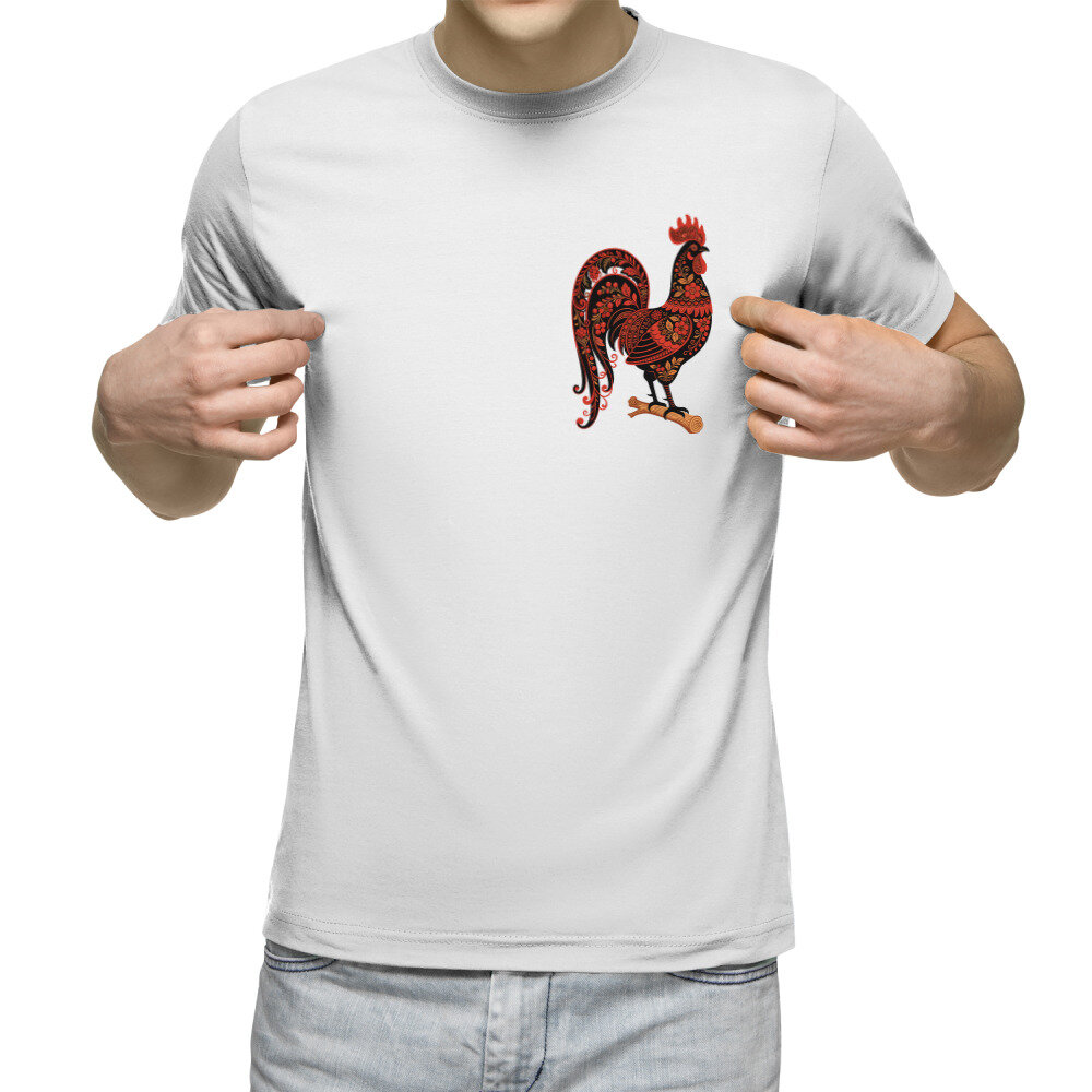 Мужская футболка «Петух, русский стиль Хохлома» (белый, M)