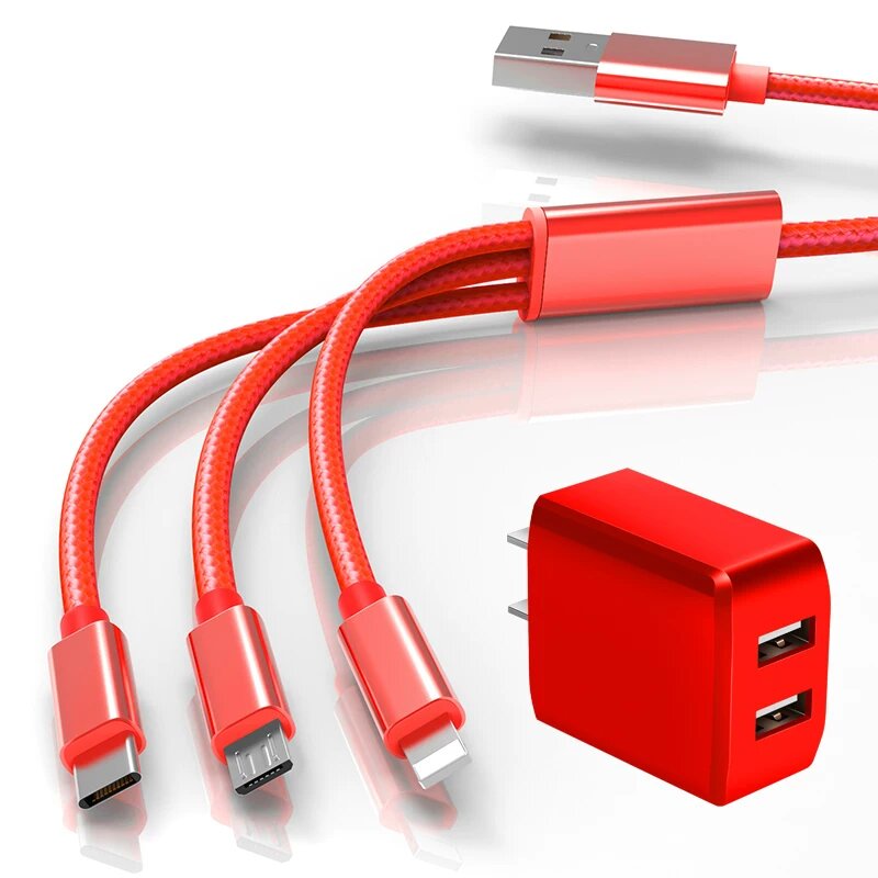 Набор тройного USB-C зарядного кабеля с адаптером 2A, 1 м, китайский красный