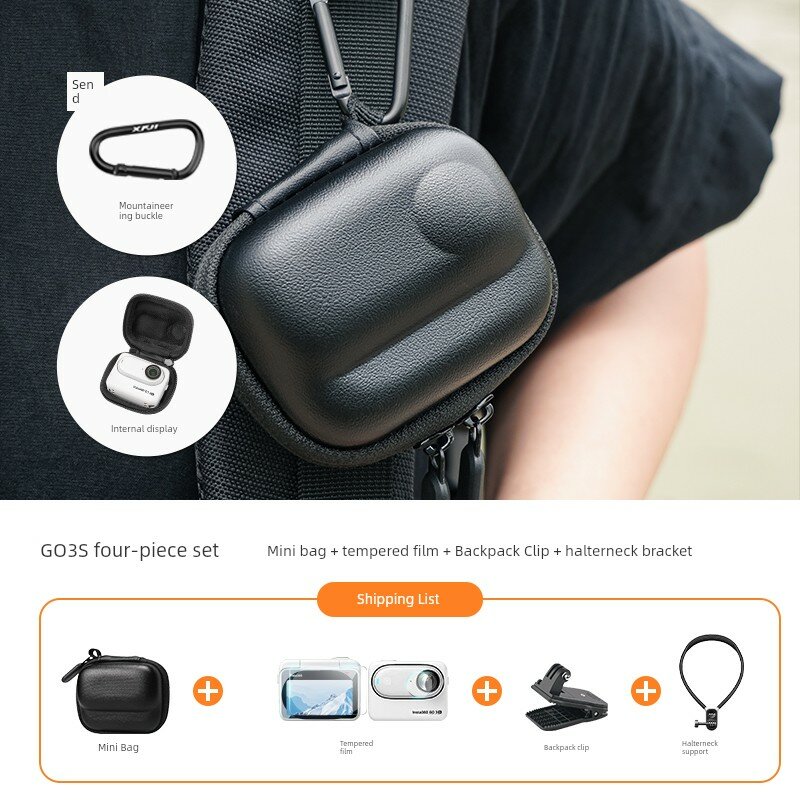 Четырехэлементный комплект Insta360 GO3S: мини-чехол, защитная пленка, крепеж и шейный штатив