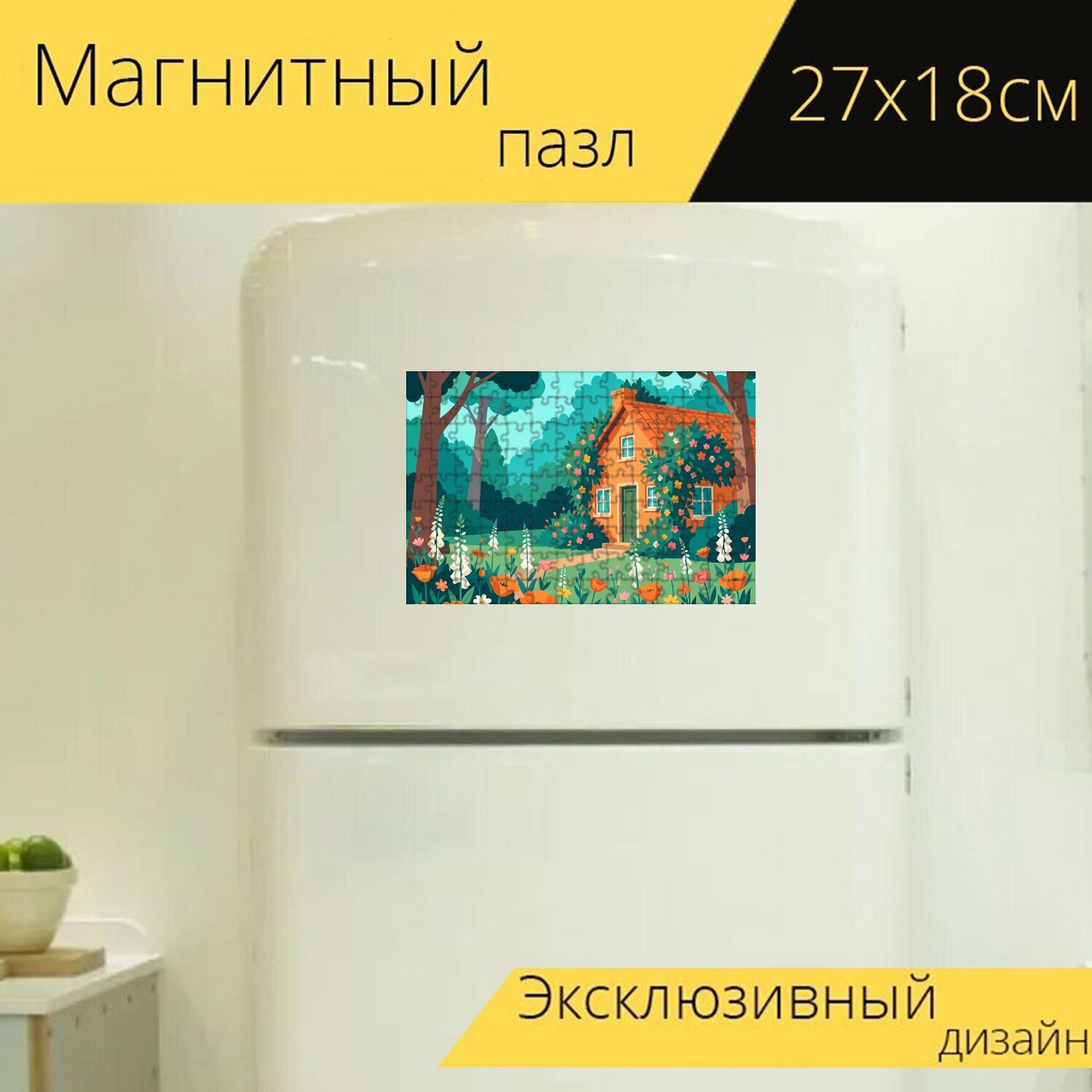 Магнитный пазл "Дом в цветущем саду у леса. Уютный загородный домик среди густых деревьев, окружённый яркими полевыми и садовыми цветами. Летняя." на холодильник 27 x 18 см.