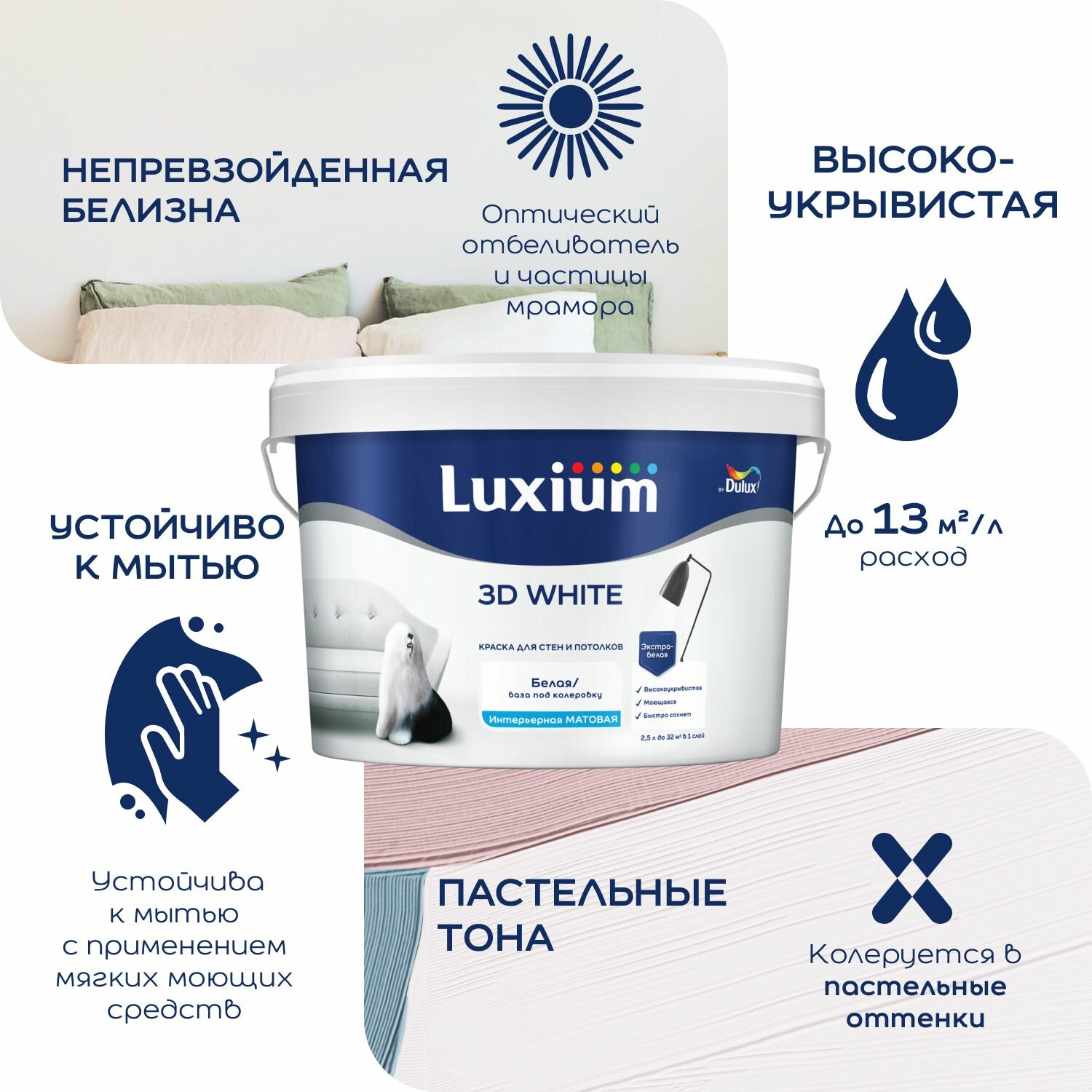 Краска для стен и потолков водно-дисперсионная Luxium by Dulux 3D White матовая база BW белая 2.5 л