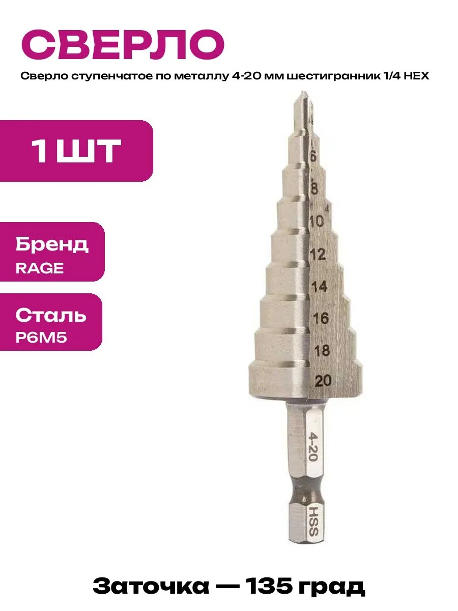 Сверло ступенчатое М2 сталь Р6М5 диаметр 4-20 мм для металла