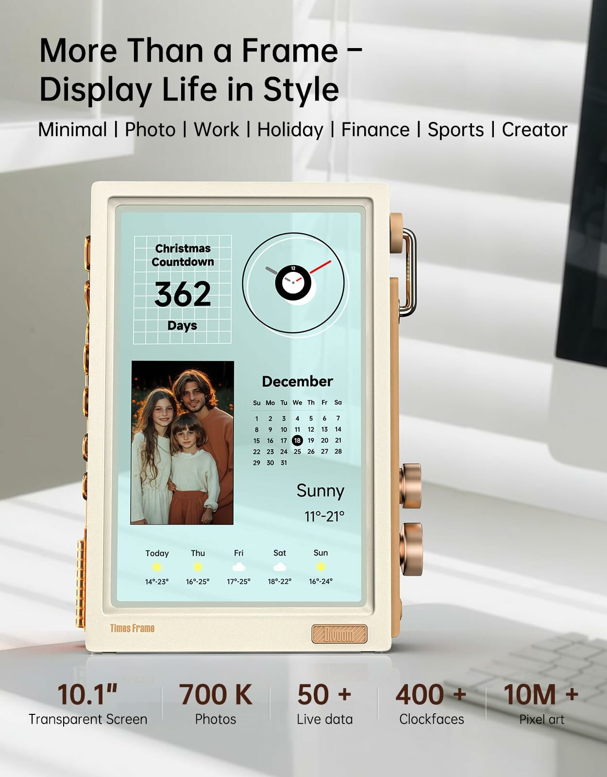 Divoom Times Frame прозрачная цифровая фоторамка 10,1 дюйма, ОС Smart Linux, RGB-светодиодная ручка, Wi-Fi, 64 ГБ, более 400 циферблатов