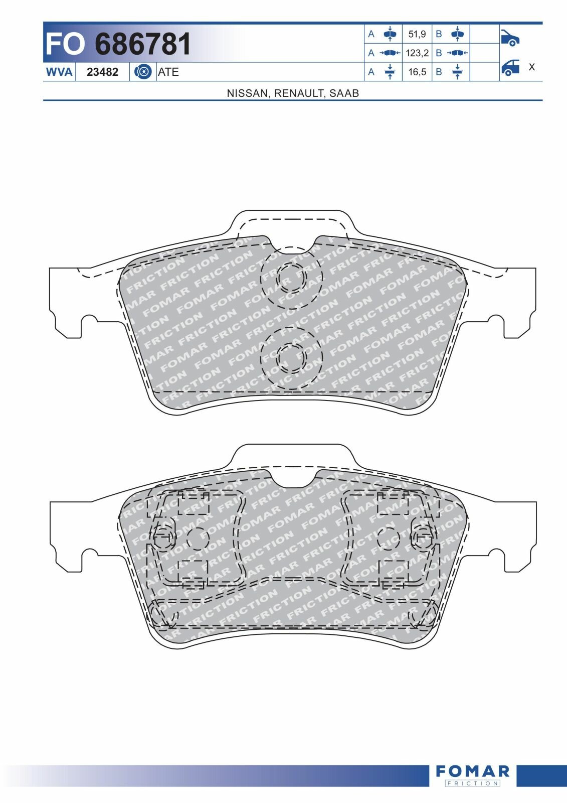 Колодки тормозные дисковые задние FOMAR 686781 Nissan Primera P12 02-08, Renault Laguna II, Vel Satis 02-09 Type Ate