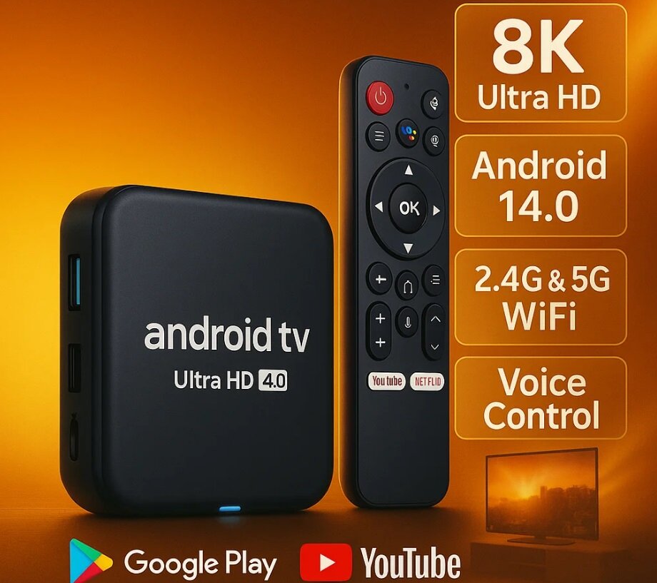 Смарт приставка для телевизора, +1 000 каналов ТВ , +50 000 фильмов , без абонентской платы, Смарт ТВ / Smat TV- цифровое TV, Андроид 14, 4/32 гб