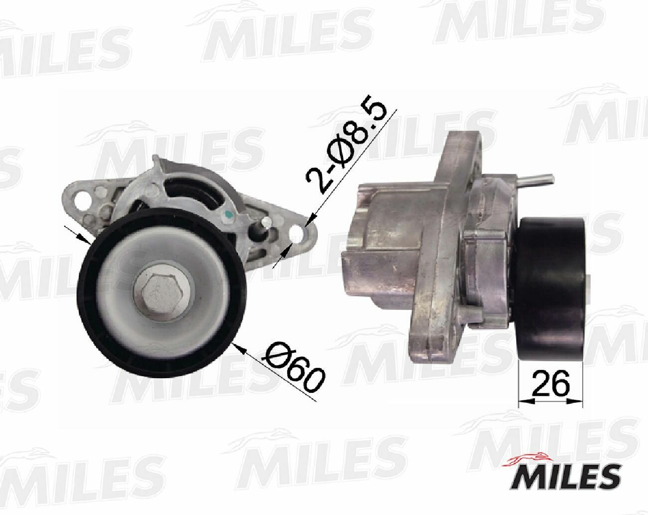 Натяжитель поликлинового ремня MILES AG00028 Renault Logan, Sandero, Duster, Clio, Kangoo, Megane 1.4, 1.6 96-> с роликом