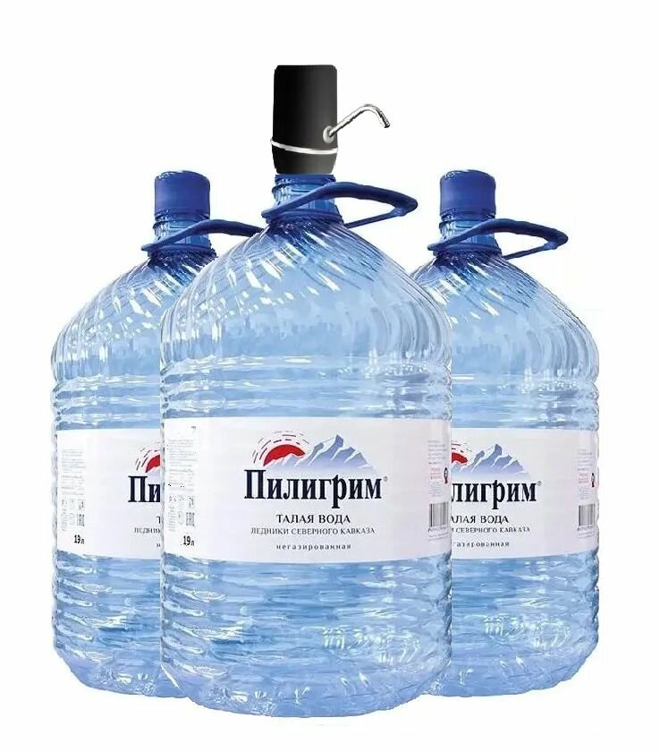 Вода ледниковая Пилигрим, 19 литров (разовая бутыль), 3 шт + помпа для воды электрическая