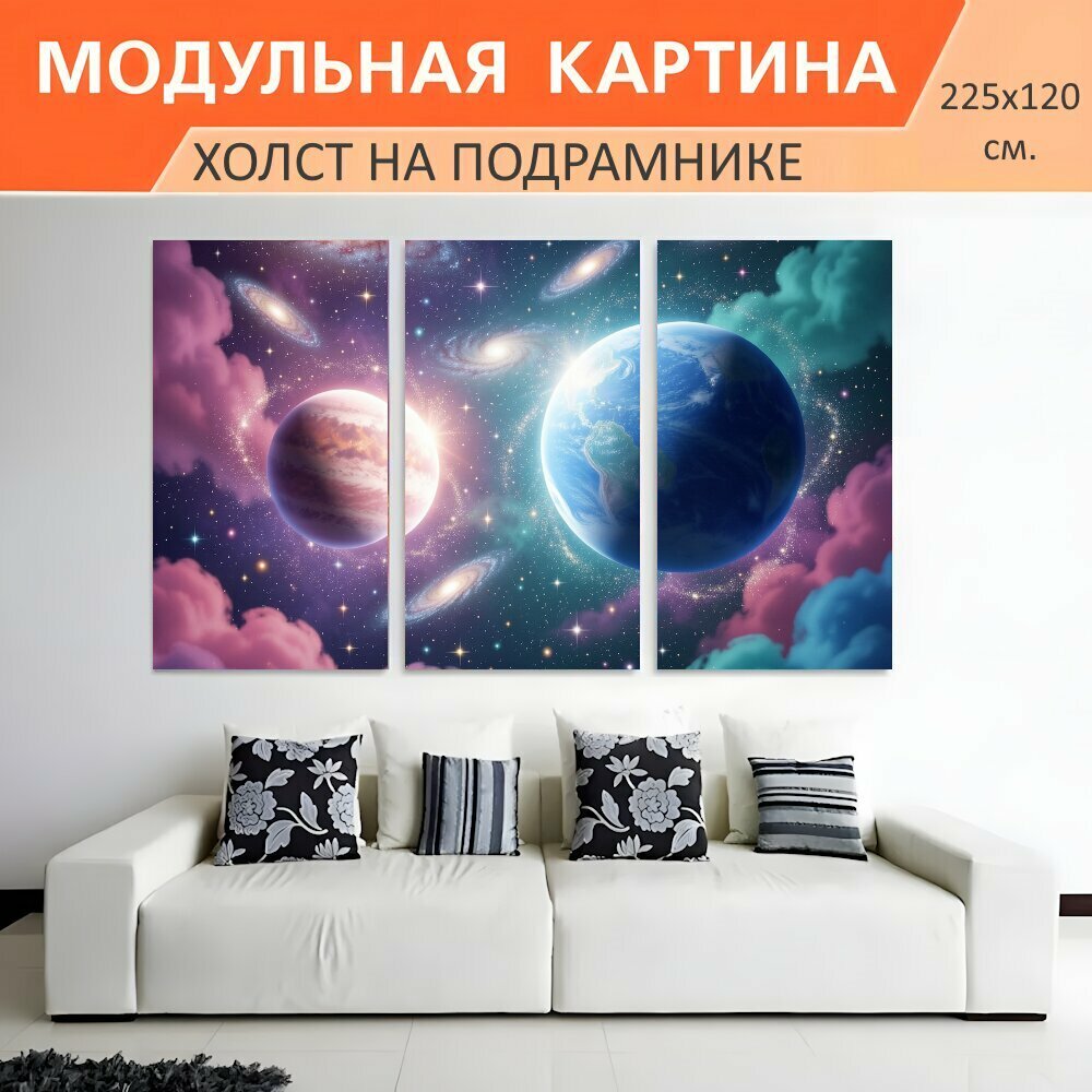 Модульная картина на холсте "Космос с планетами и галактиками. Фантазийная космическая сцена с двумя светящимися мирами, спиральными." триптих на подрамнике 225х120 см. для интерьера