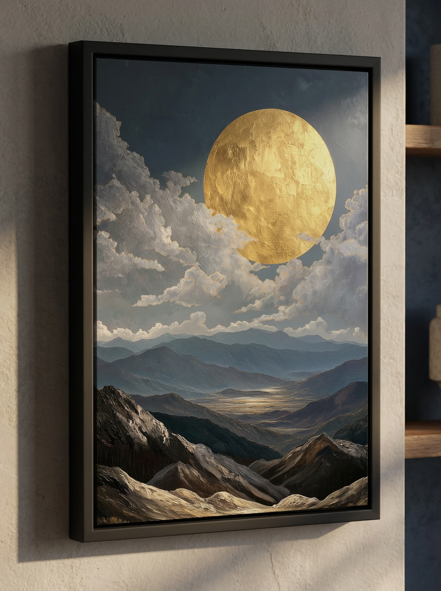 Картина в тёмной раме Postermarket "Солнце в горах" на холсте, 50x70 см