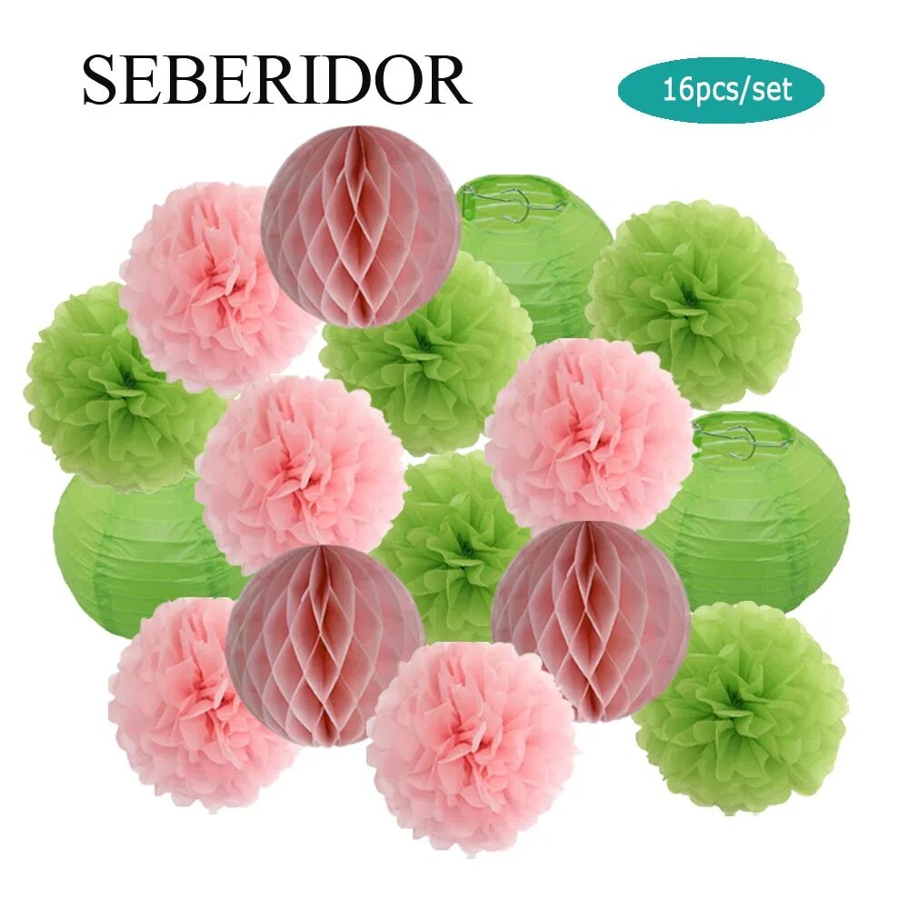 Бумажные шары и фонарики для праздника, 16шт, Розовый, Pink Green, 15см