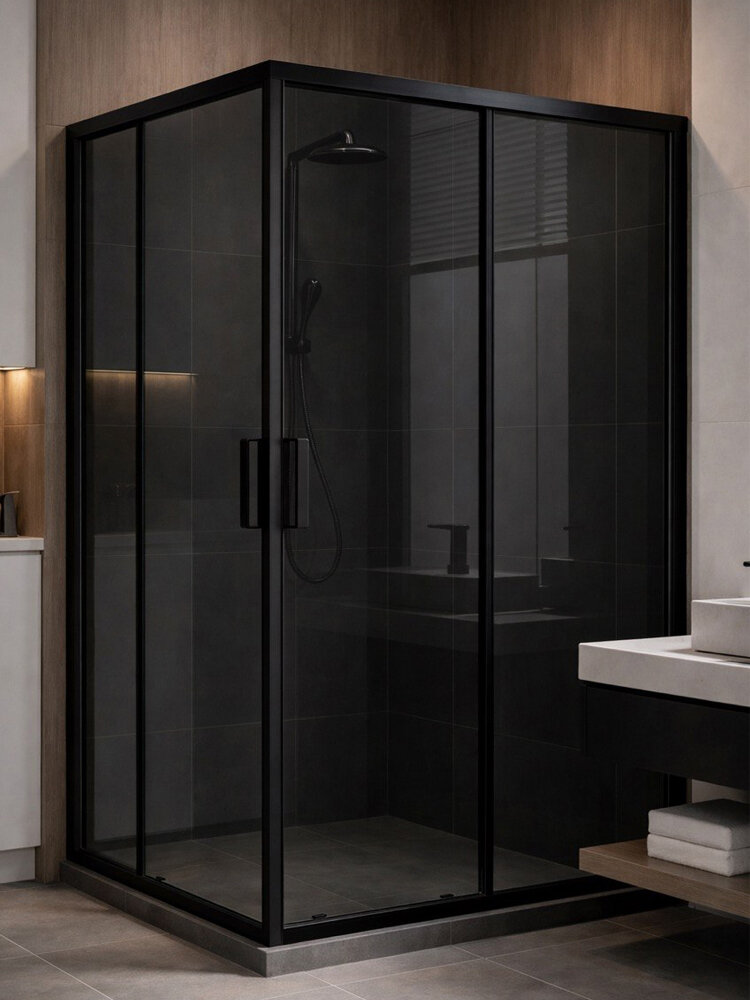 Душевой уголок Royal Bath 120х90х200 закаленное стекло 6 мм тонированное профиль черный матовый