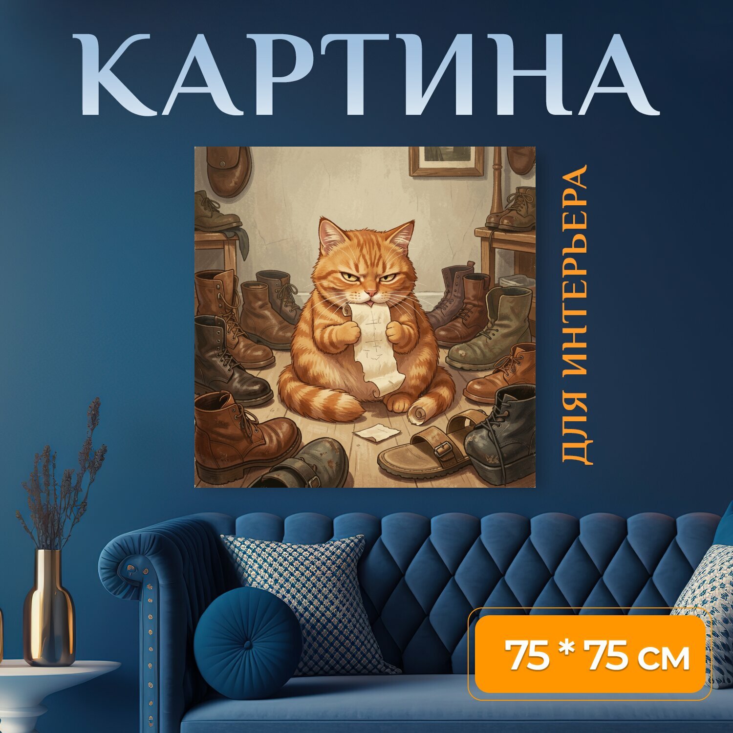 Картина на холсте "Рыжий кот с пергаментом. Игривый антропоморфный рыжий кот с свитком в окружении старых ботинок и сапог. Теплая винтажная." на подрамнике 75х75 см. для интерьера