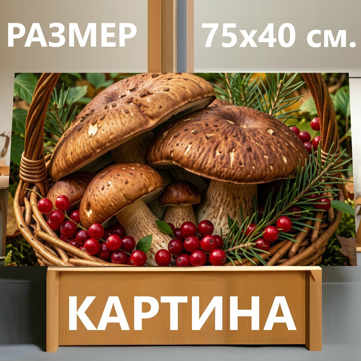 Картина на холсте "Лесная корзина с грибами и ягодами. Плетеная корзина в окружении мха, хвои и осенних листьев, наполненная крупными." на подрамнике 75х40 см. для интерьера