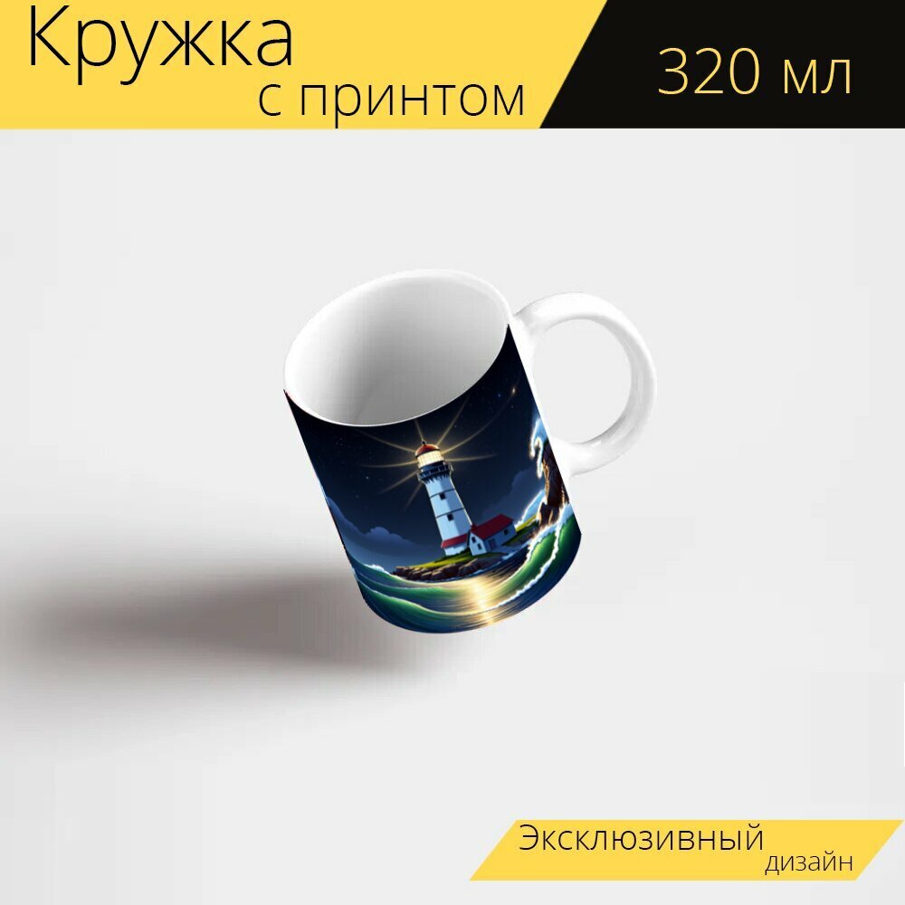 Кружка с рисунком, принтом "Морской пейзаж с высоким маяком, освещённым ярким светом, на фоне звездного ночного неба. У маяка находится небольшое строение с красной крышей." 320 мл.