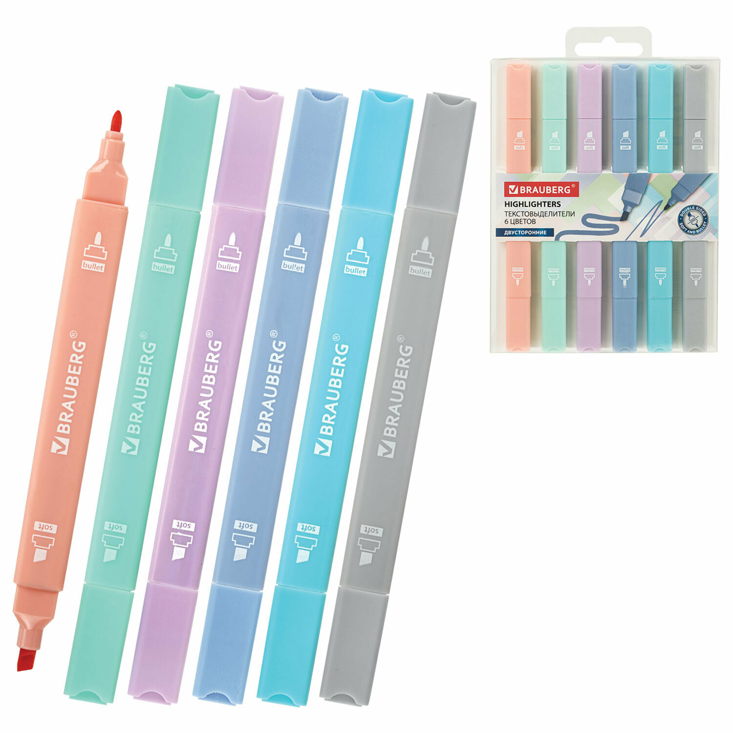 Brauberg Набор текстовыделителей двусторонних 6 пастельных цветов Macaroon 1-5 мм 152513