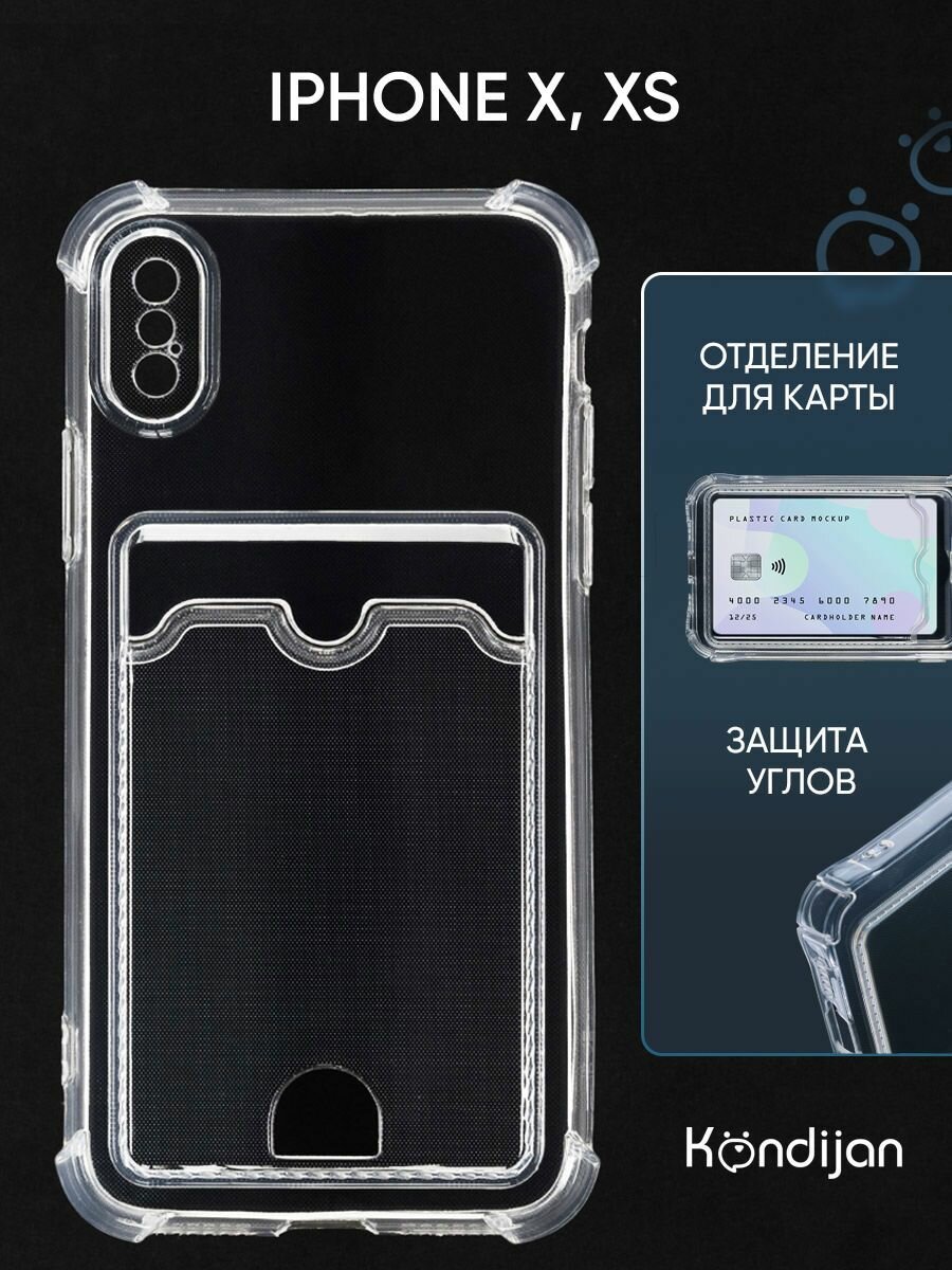 Чехол на Apple iPhone X, iPhone Xs с картхолдером, с карманом, защитой камеры, прозрачный / Эппл Айфон Икс, Айфон Иксs