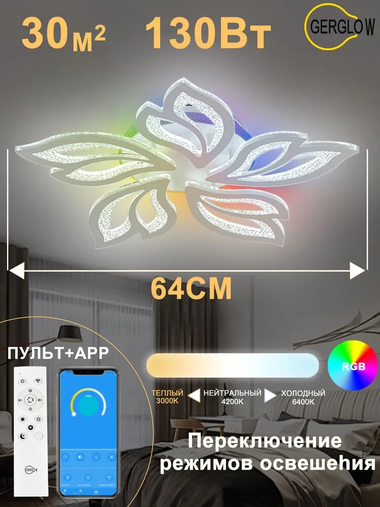 GERGLOW Светодиодный потолочный светильник, 130 Вт, 5 ламп, RGB, управление пультом и приложением, современный дизайн