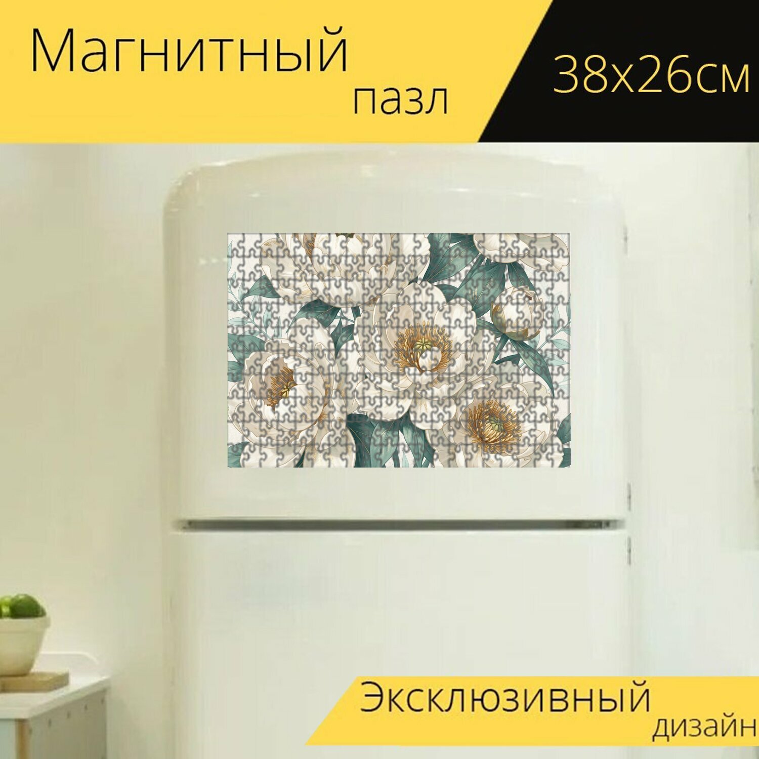 Магнитный пазл "Белые цветы с бирюзовой листвой. Изящная цветочная композиция с крупными кремово-белыми бутонами и насыщенными мятно-зелеными листьями." для интерьера, 38х26 см.