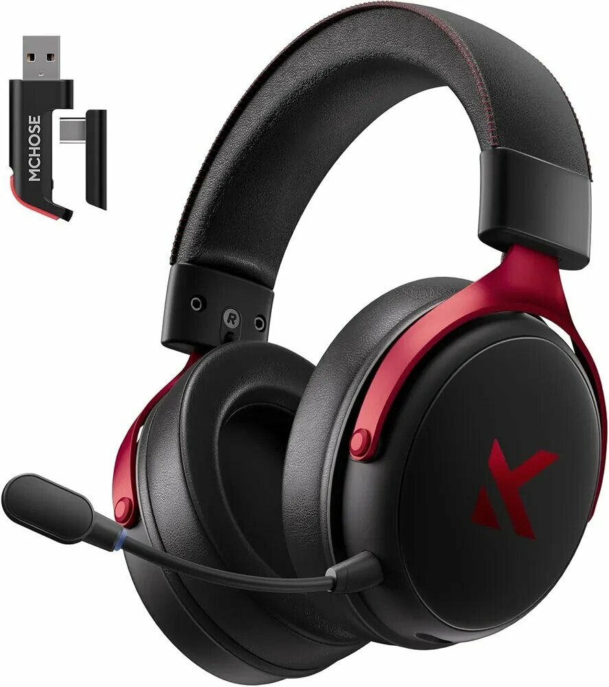 MCHOSE Наушники с микрофоном Mchose V9 PRO, Bluetooth, Радиоканал, USB Type-C, черный, красный