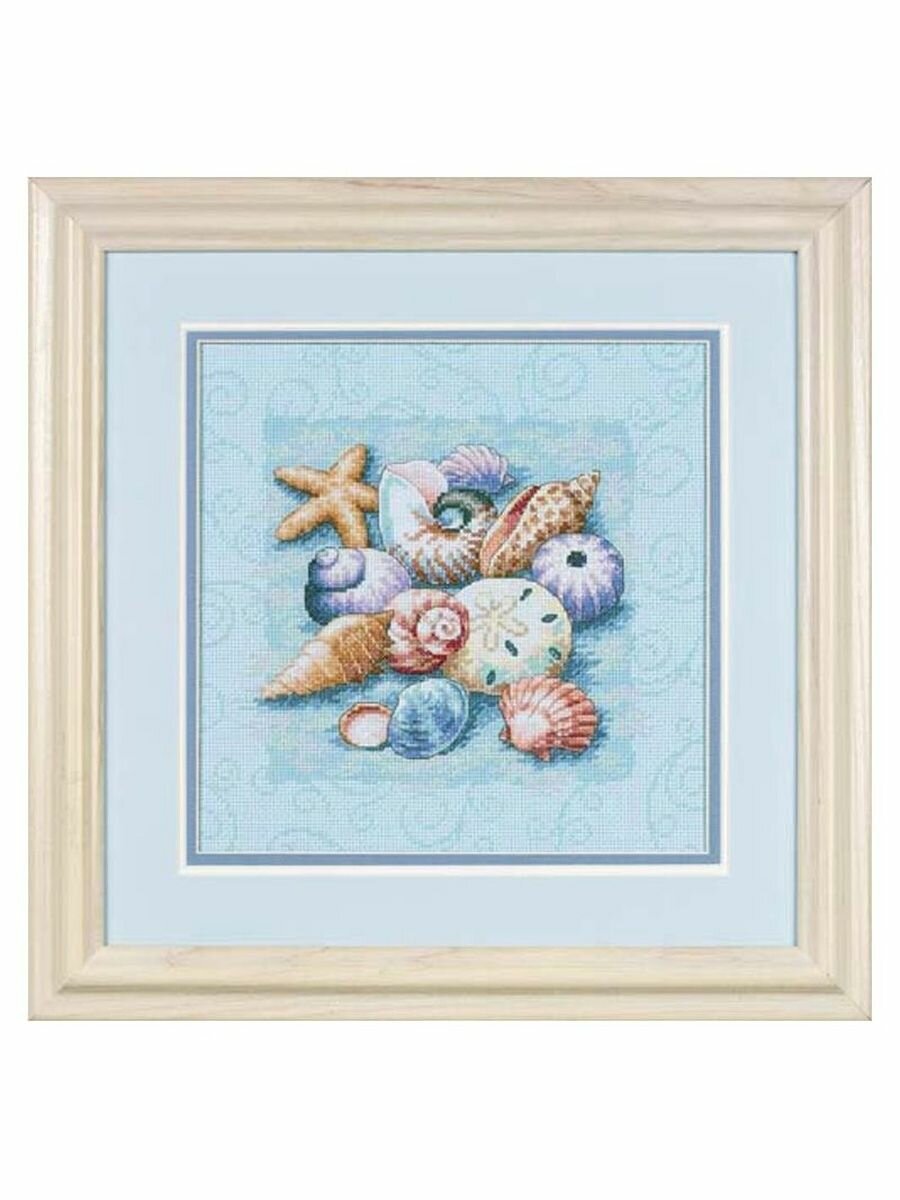 16CT Набор для вышивания крестиком Amishop "Dim13725-Shells on Blue" Копия, 142 x 142 стежков, 31 цветов, 23 x 23 см